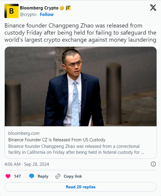Binance founder Changpeng Zhao has reportedly been released after serving a four-month prison ...