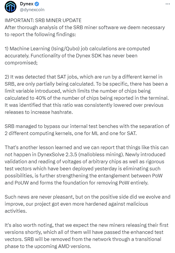 Exploit found in Dynex, used by SRB Miner, whos to blame?