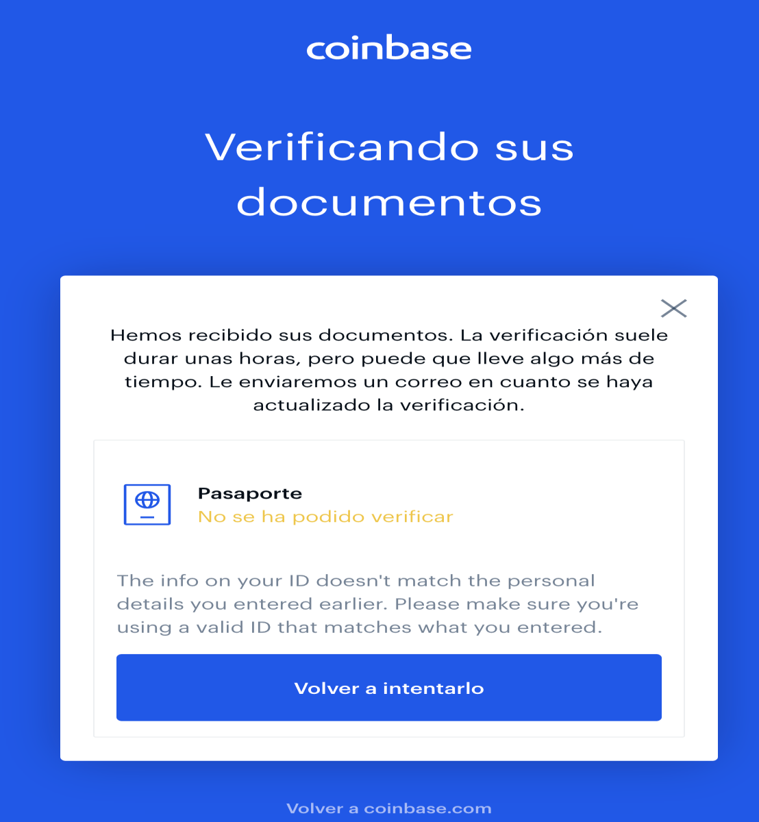 coinbase: verification process fails. Locked account