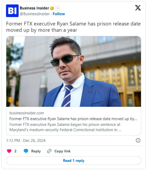 Ryan Salame Gets One-Year Sentence Reduction