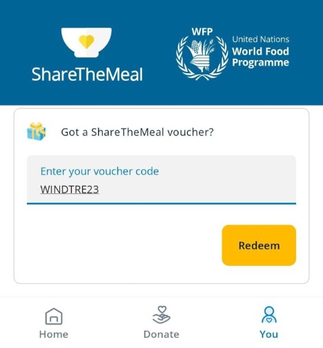 Donate 3 free meals with ShareTheMeal (UN) and Wind Tre