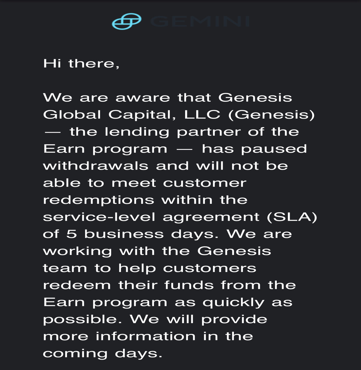 GEMINI 'EARN' Freezes Withdrawals