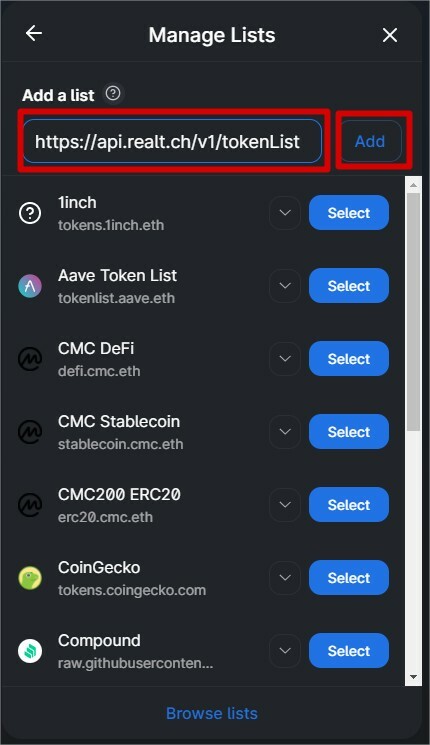 Add Realt token list in Uniswap