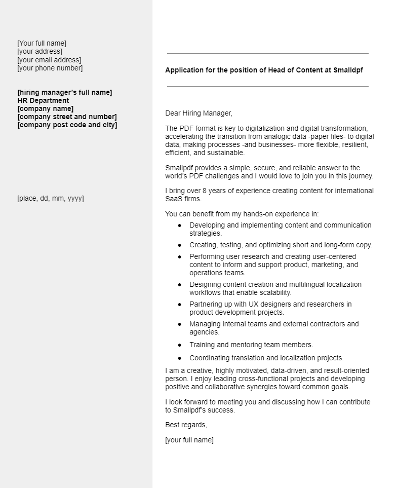 Cover letter template: Head of Content