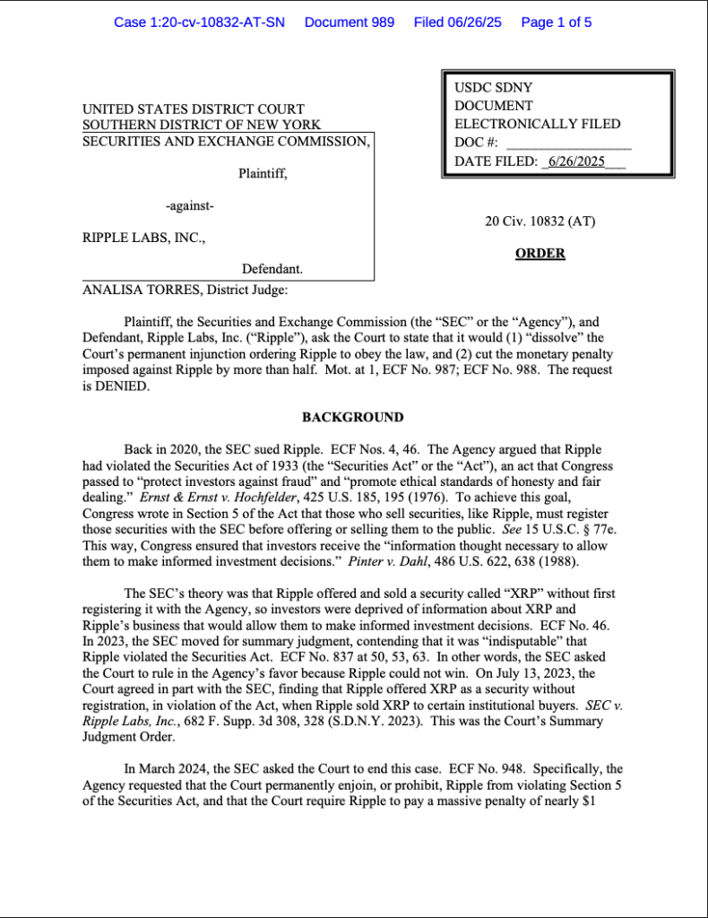 Ripple’s $50M Settlement Denied: Judge Torres Blocks SEC-Ripple Agreement