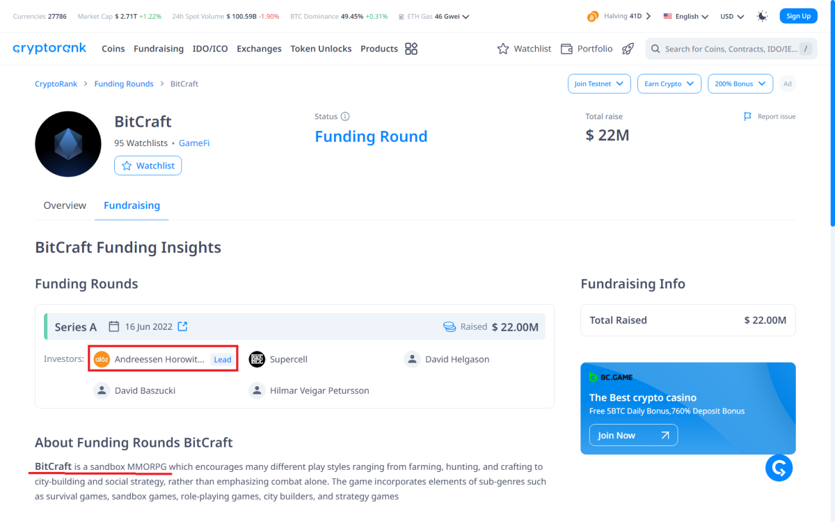 Bitcraft game Airdrop backed by A16z