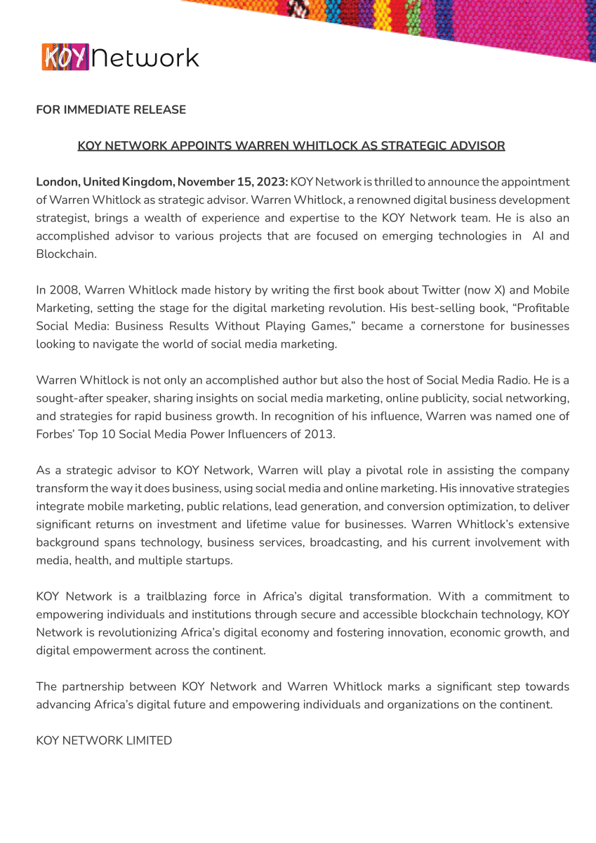 The KOY Network Appointed Warren Whitlock As Strategic Advisor