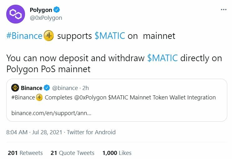Binance finally supports Matic on Polygon PoS mainnet (+2 Faucet Links)