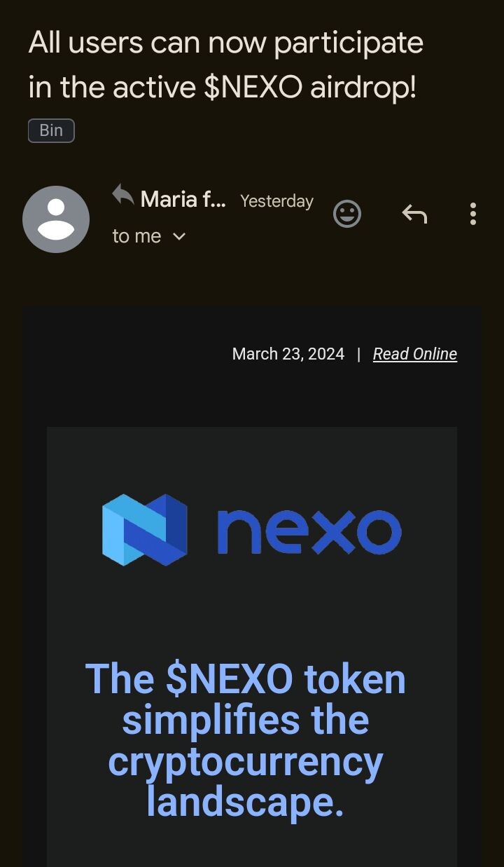 Alert: NEXO Token Airdrop Email Scam