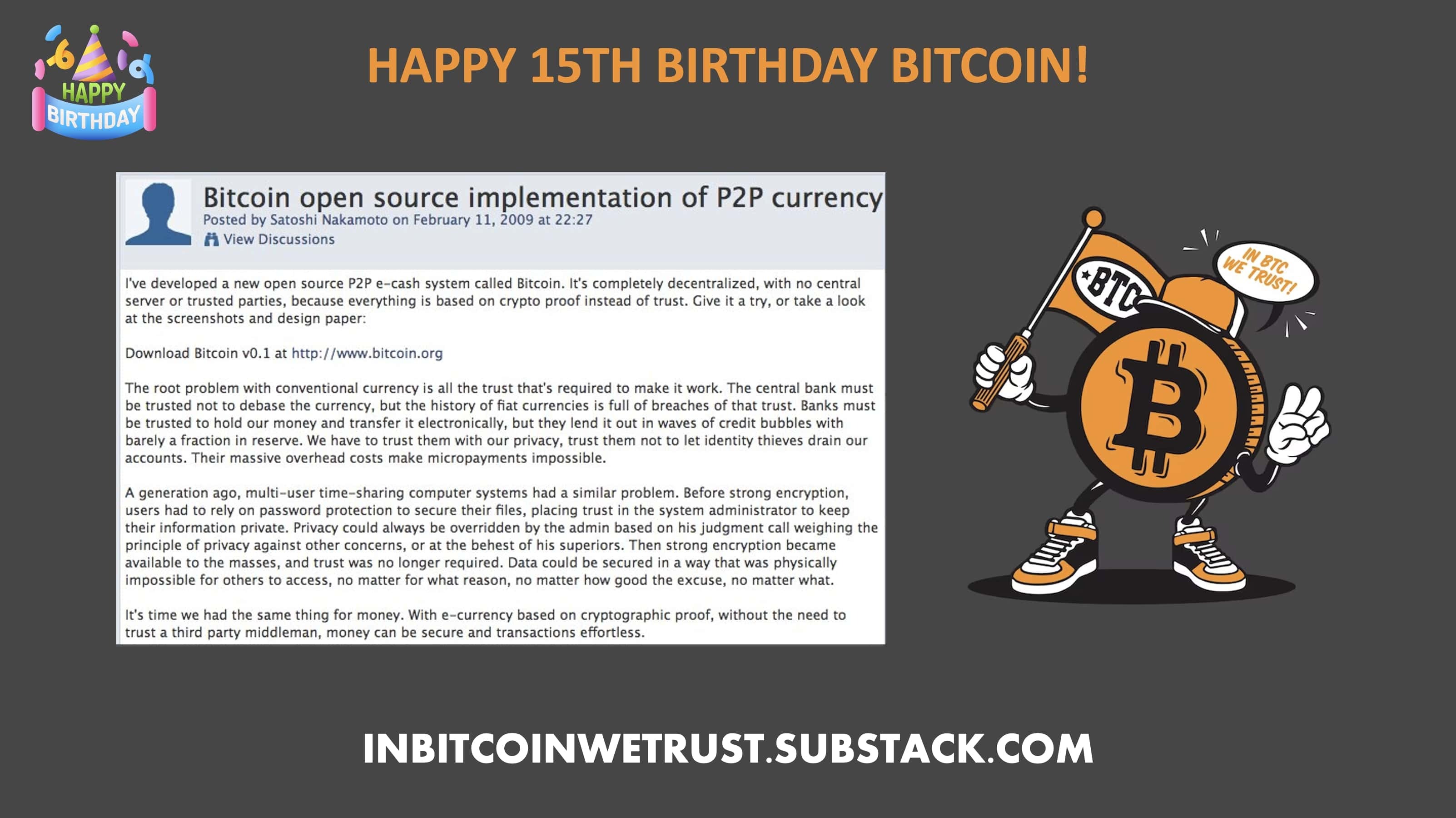 Bitcoin turns 15. Happy 15th birthday Bitcoin!