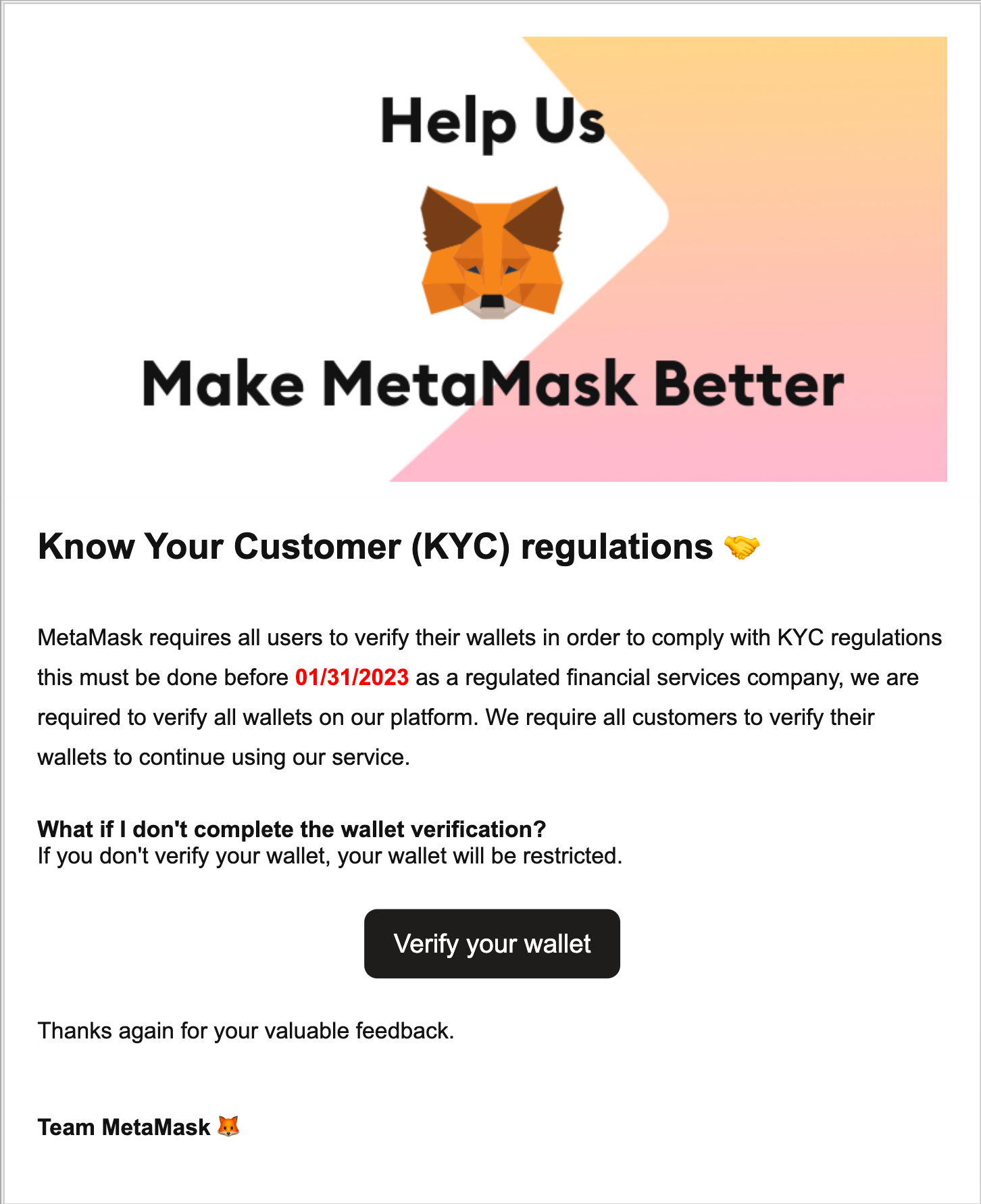 Metamask KYC phishing email