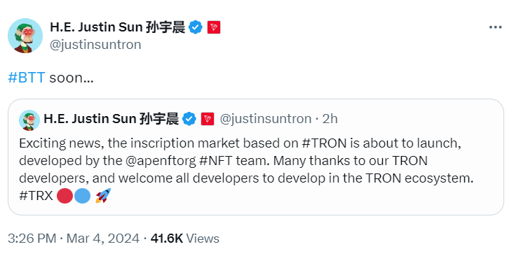 Tron Founder Justin Sun's tweet made BTT rocks over 17%!