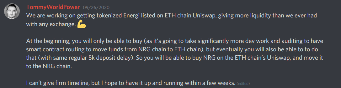 Energi (NRG) Project developing tokenized Energi for use on Uniswap