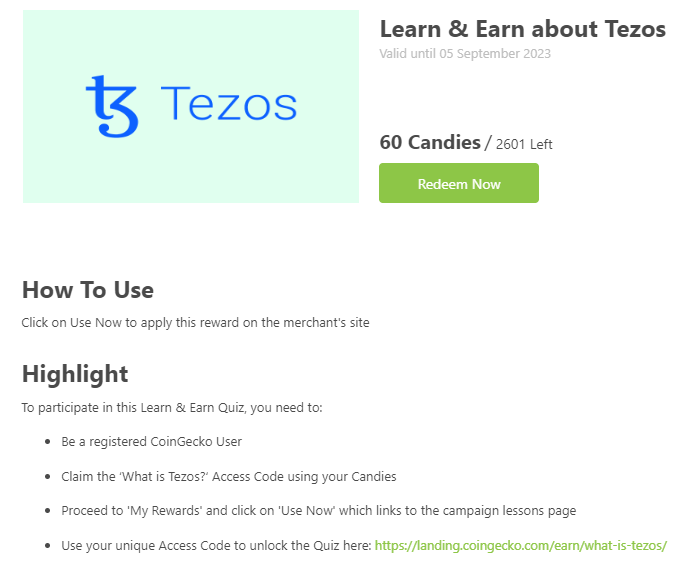 CoinGecko Learn And Earn Tezos (10 dollars)