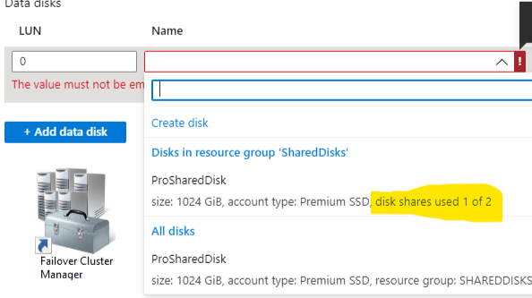 Azure Failover Cluster with Shared Disk