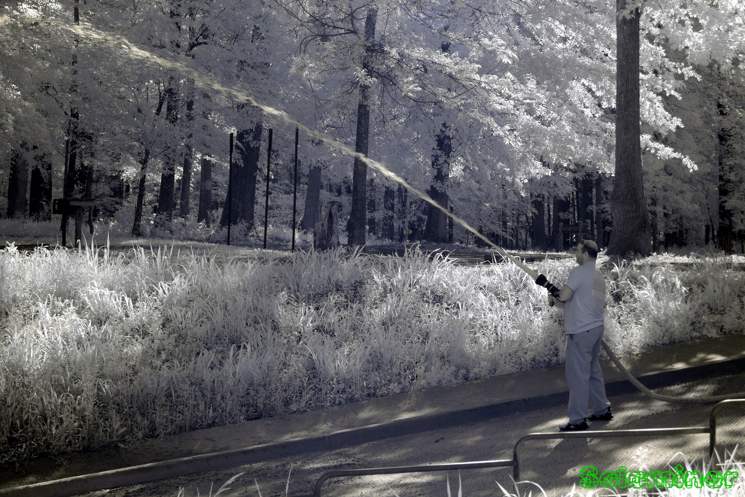 Infrared Photography - Firefighters by lake