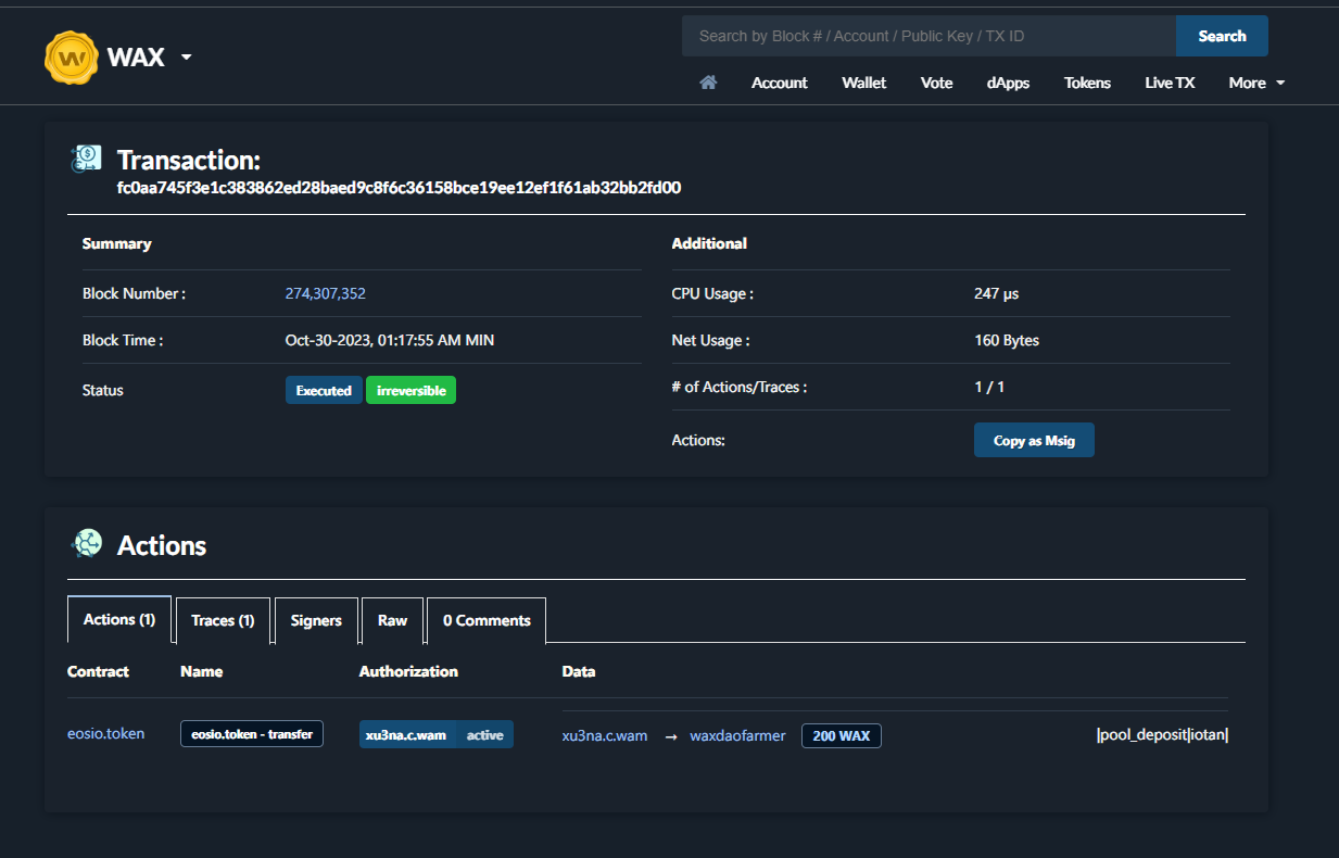PlanetX Meta 200 Wax Coin Transfers into the IOTAN/WAX Pool Every Monday