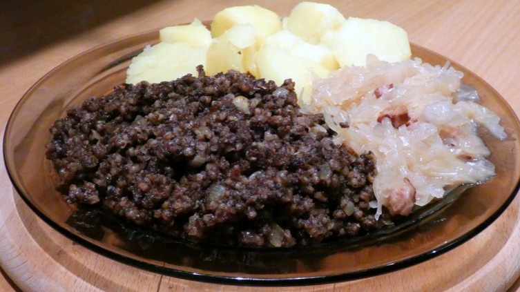Fried ''Krupniok'' with fried cabbage and potatoes