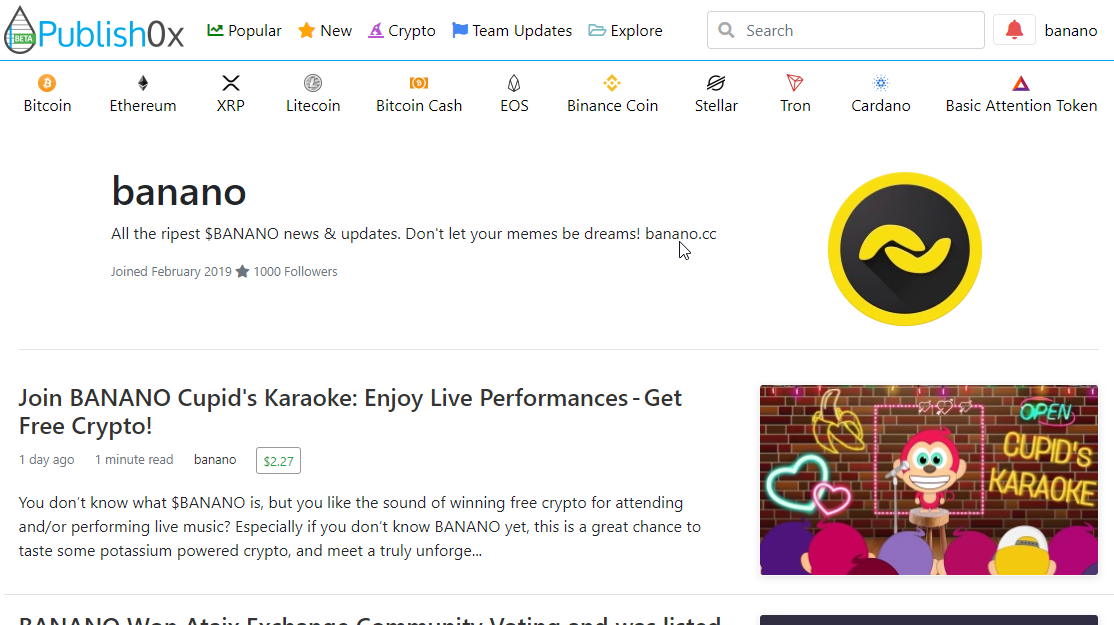 The BANANO Blog at Publish0x now has 1000 Followers! Let's do a Publish0x-Exclusive Giveaway!