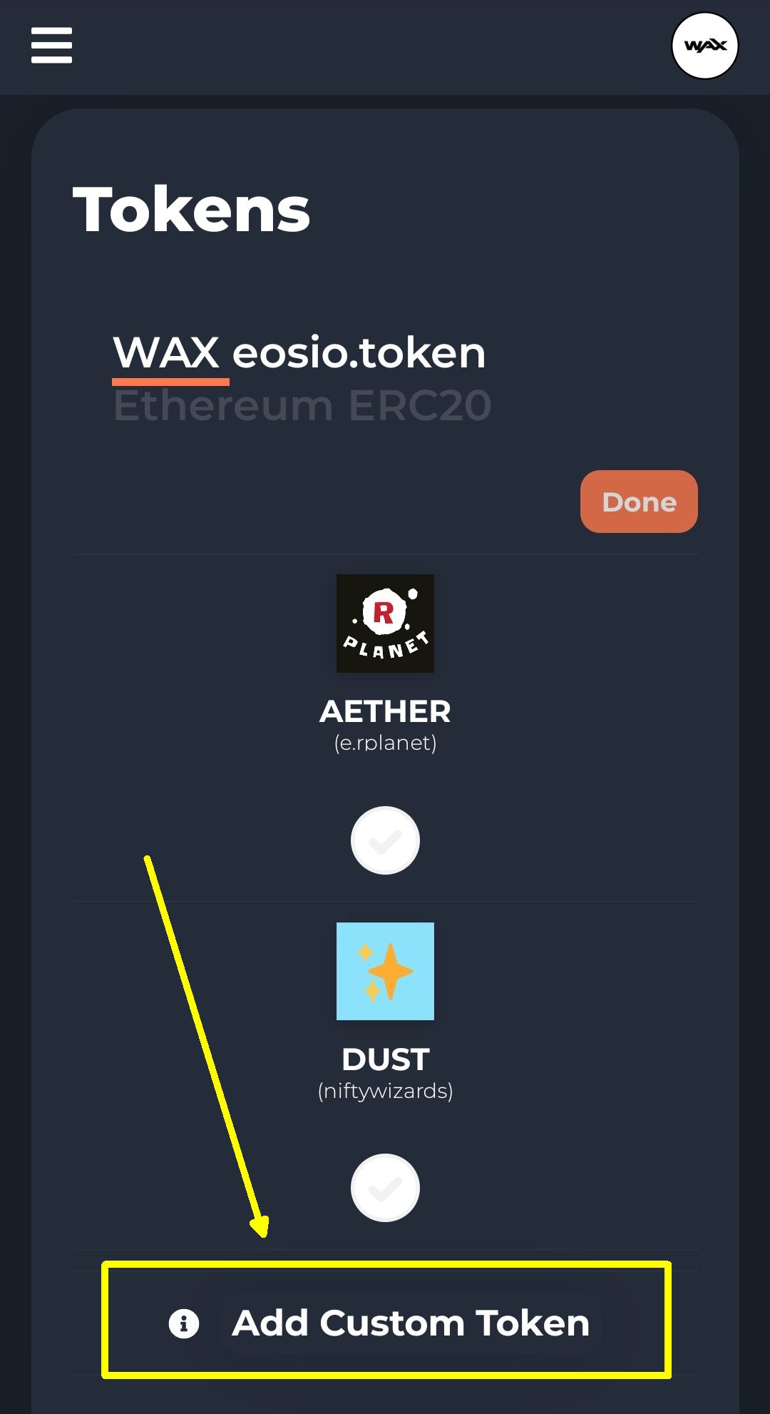 Como añadir tokens en WAX Wallet