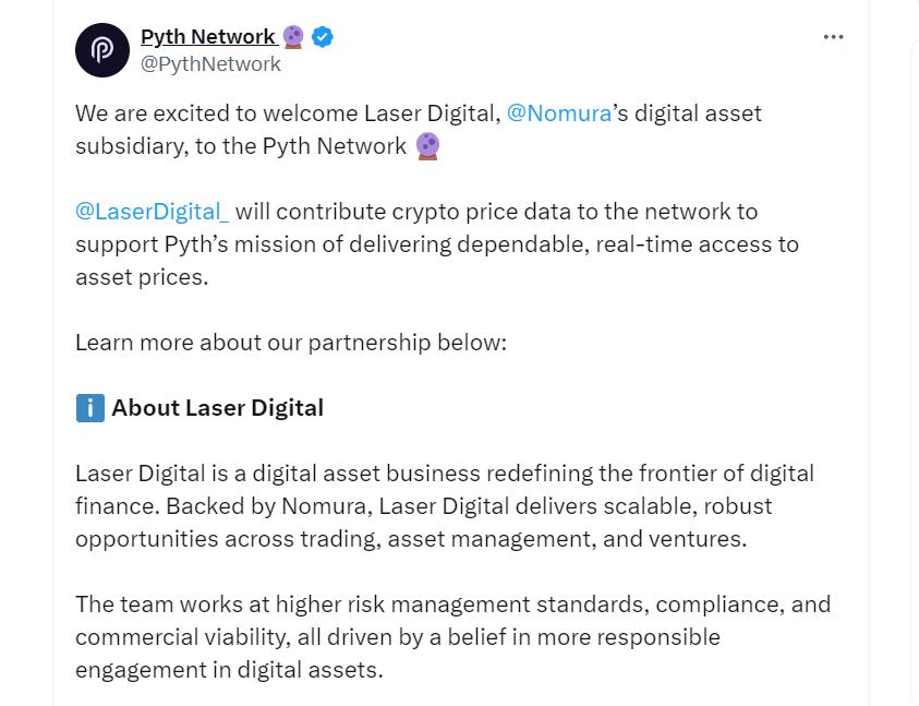 Pyth Network gets Laser Digital as Data Provider