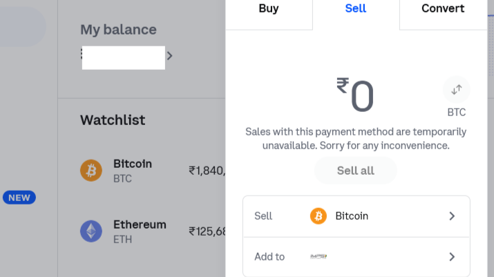 Coinbase users in India cannot sell their cryptocurrency at present